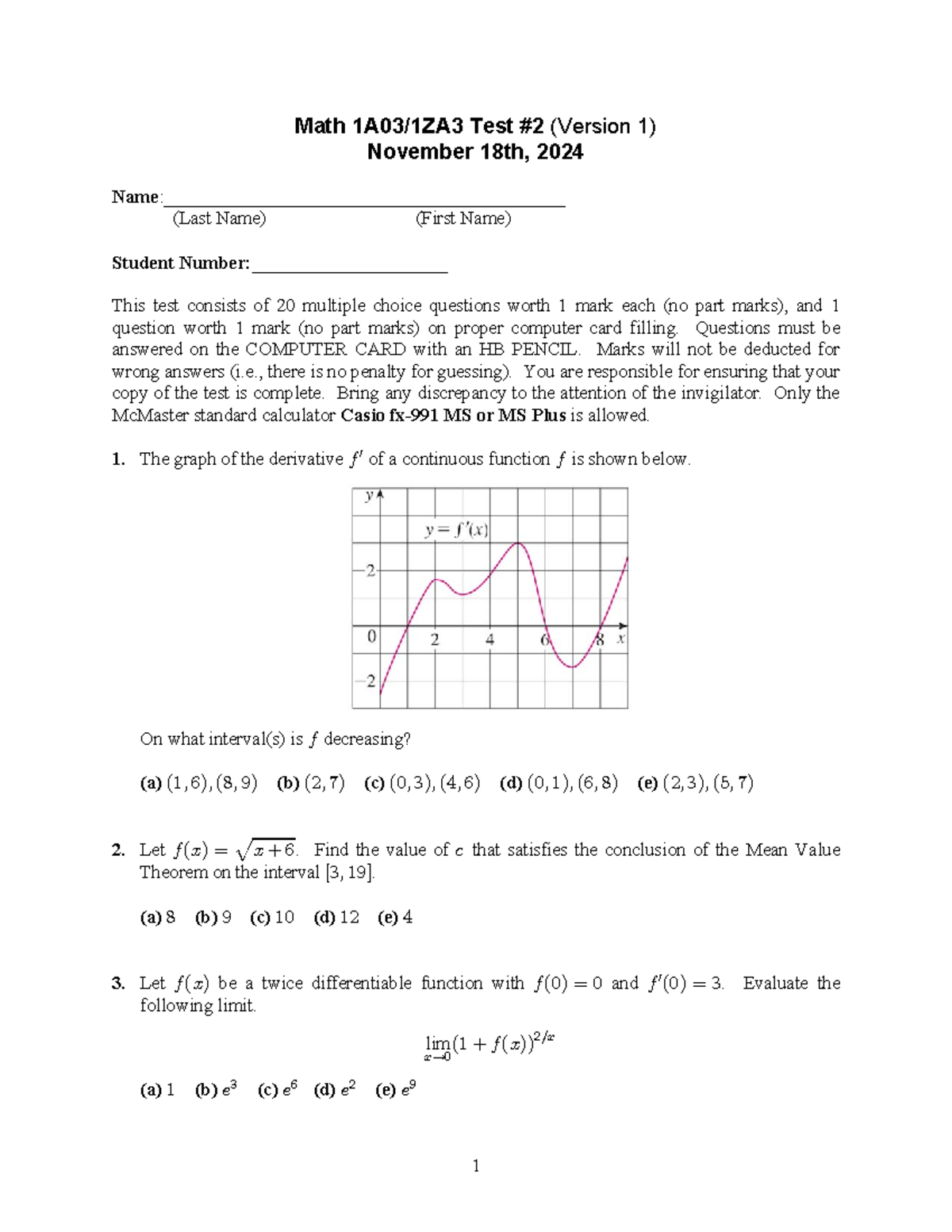 1za3 test 2 2024 - Math 1A03/1ZA3 Test #2 (Version 1) November 18th ...