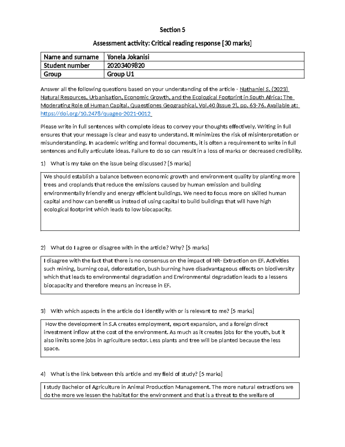 Section 5 Critical reading response 30 marks - Section 5 Assessment ...