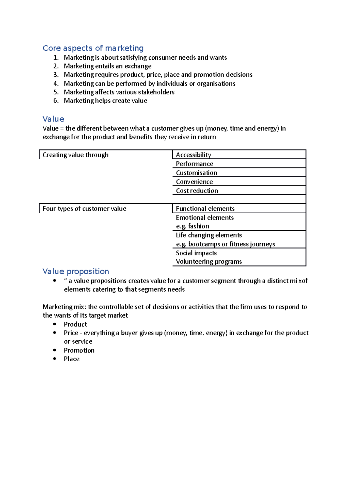 key concepts of marketing - Core aspects of marketing 1. Marketing is ...