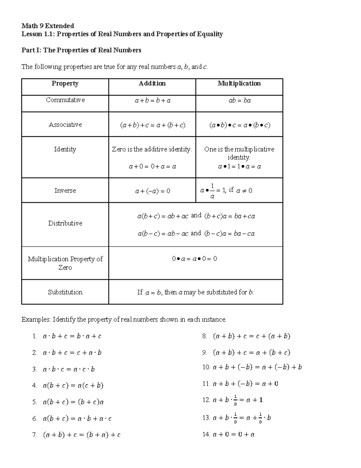 Lesson 1 1 Properties Of Real Numbers Notes Math 9 Extended Lesson 1