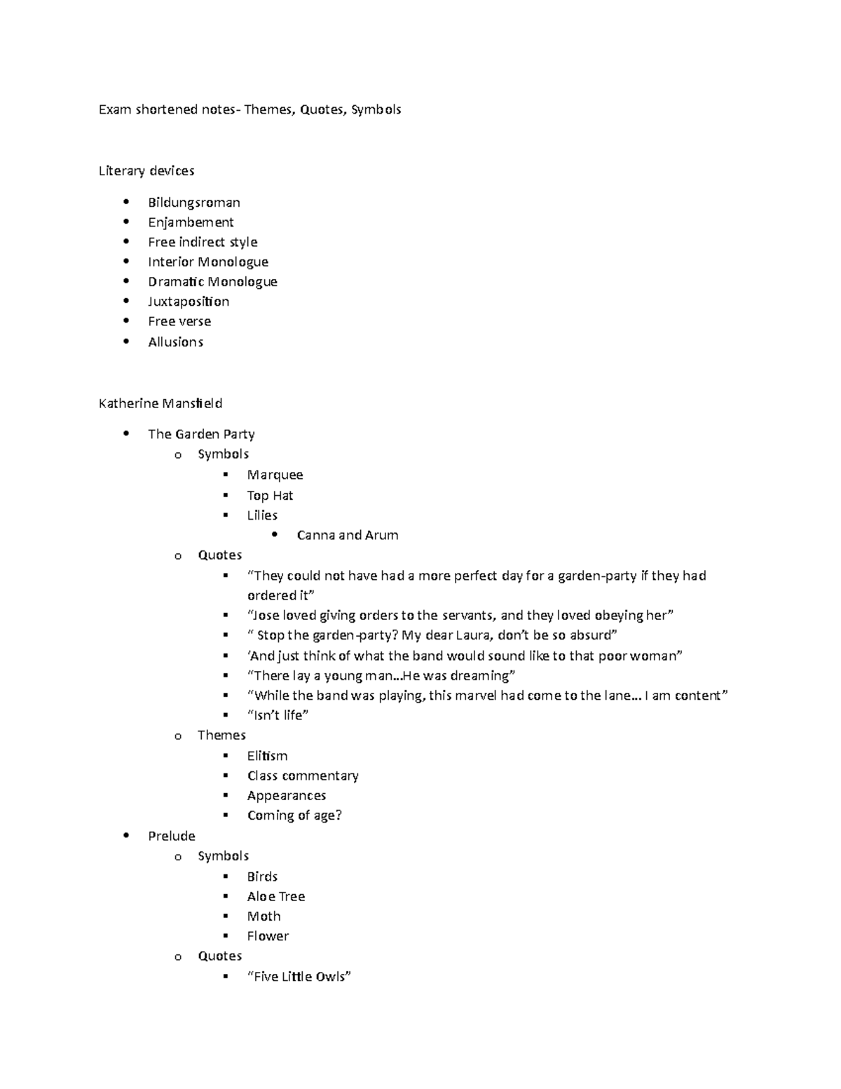 Exam shortened notes - . was dreaming” “While the band was playing ...