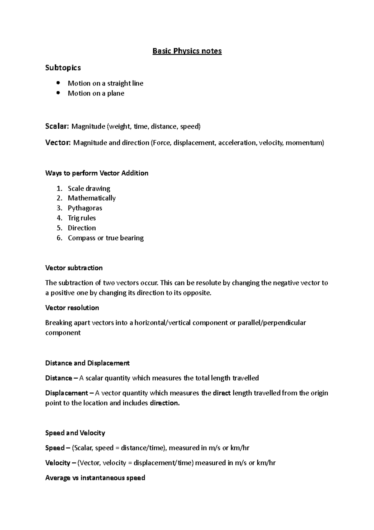Class notes in Physics - Basic Physics notes Subtopics Motion on a ...