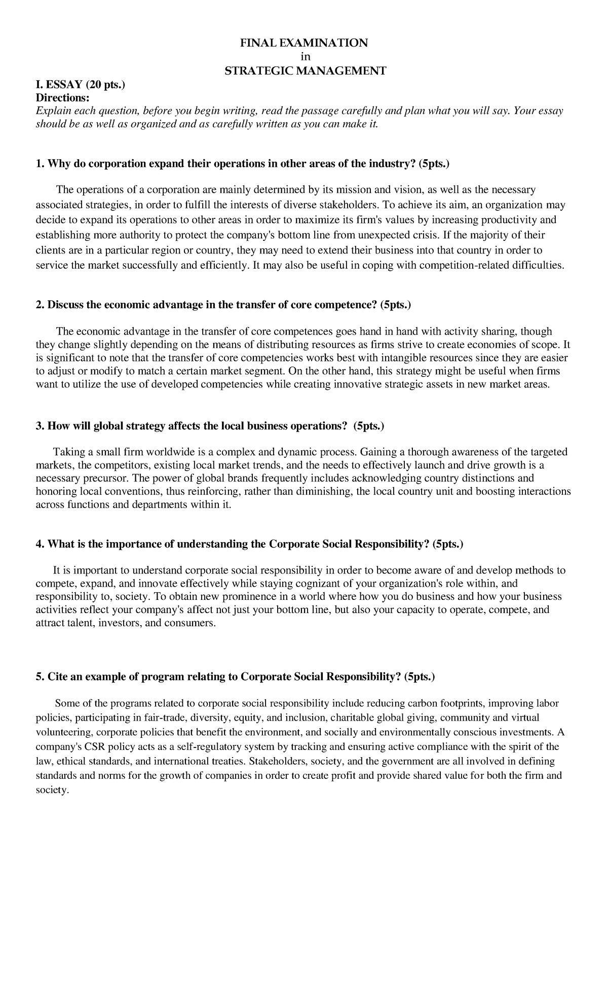 BSOA Strategic Management Practice Examination - FINAL EXAMINATION in ...