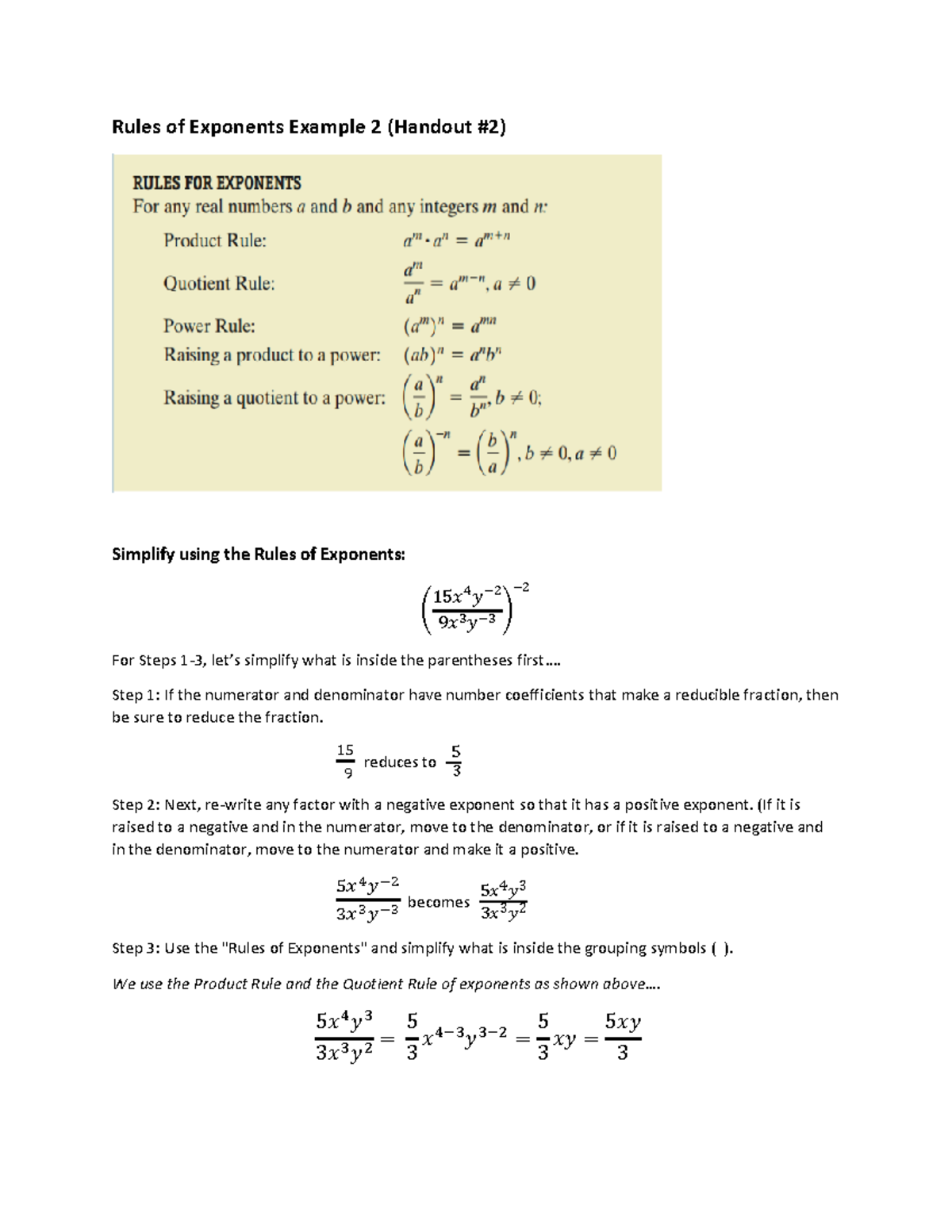 Rules of Exponents Handout 2 - Rules of Exponents Example 2 (Handout ...