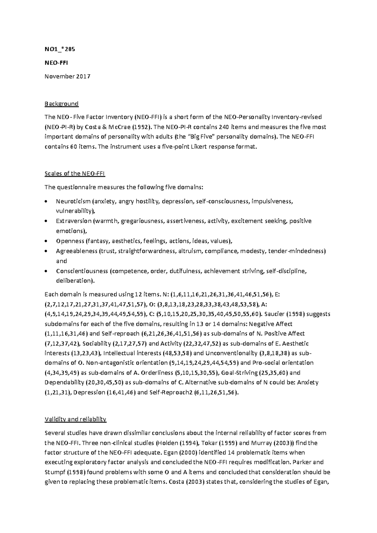 NEO NO1 205 - Answer Sheet - NO1_* NEO-FFI November 2017 Background The ...
