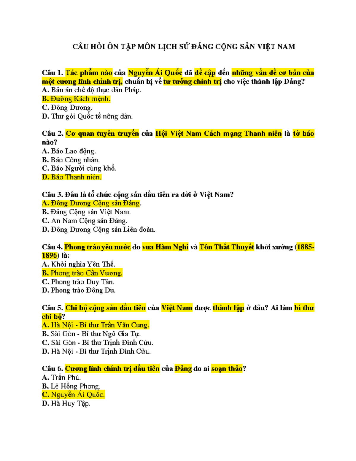 On tap mon LSD HK213 - quiz các tuần - CÂU HỎI ÔN TẬP MÔN LỊCH SỬ ĐẢNG CỘNG SẢN VIỆT NAM Câu 1 ...