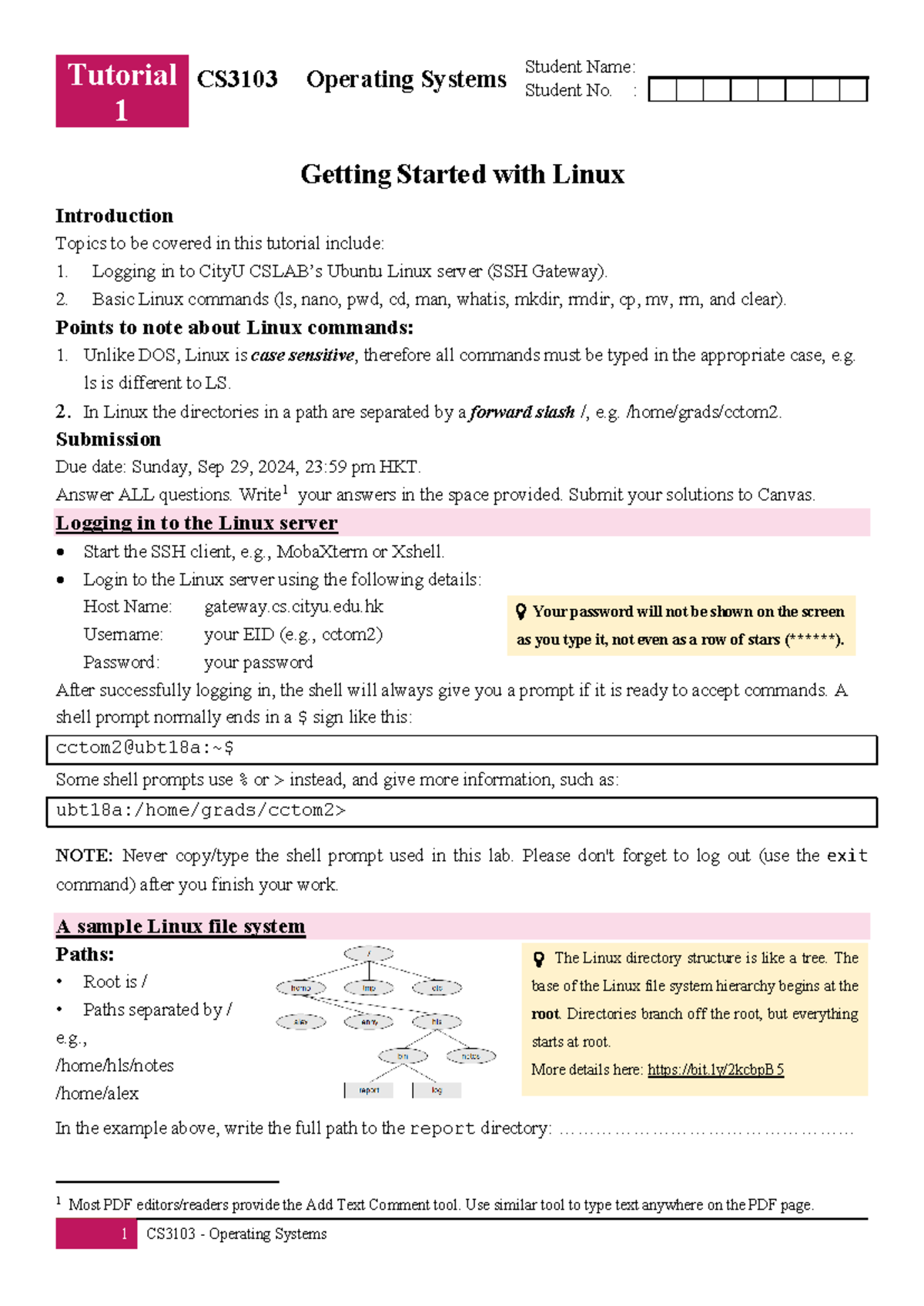 CS3103-Tutorial-1 - Tutorial 1 of CS 3103, Topic: Introduction to accessing SSH - Tutorial 1 ...