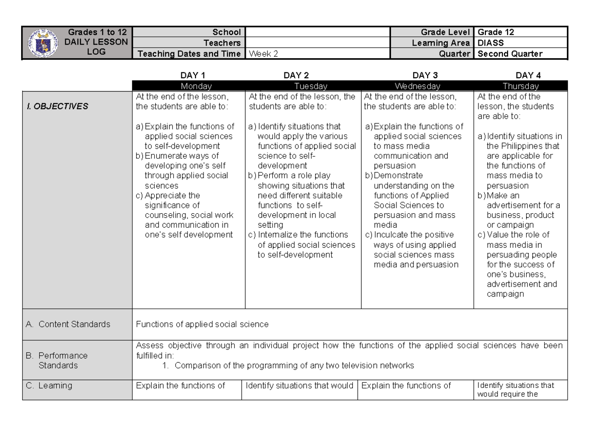 DLP Diass Q2 Week b-d - Functions of Applied Social Sciences 2 - Grades 1 to 12 DAILY LESSON LOG ...