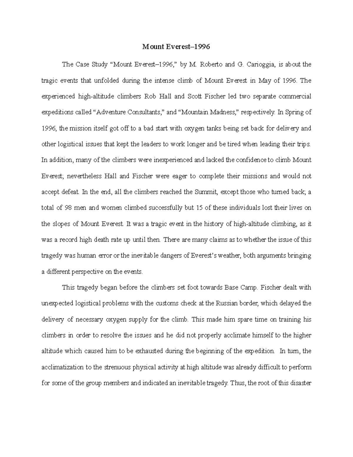 The case write-up Mount everest - Mount Everest– The Case Study “Mount ...