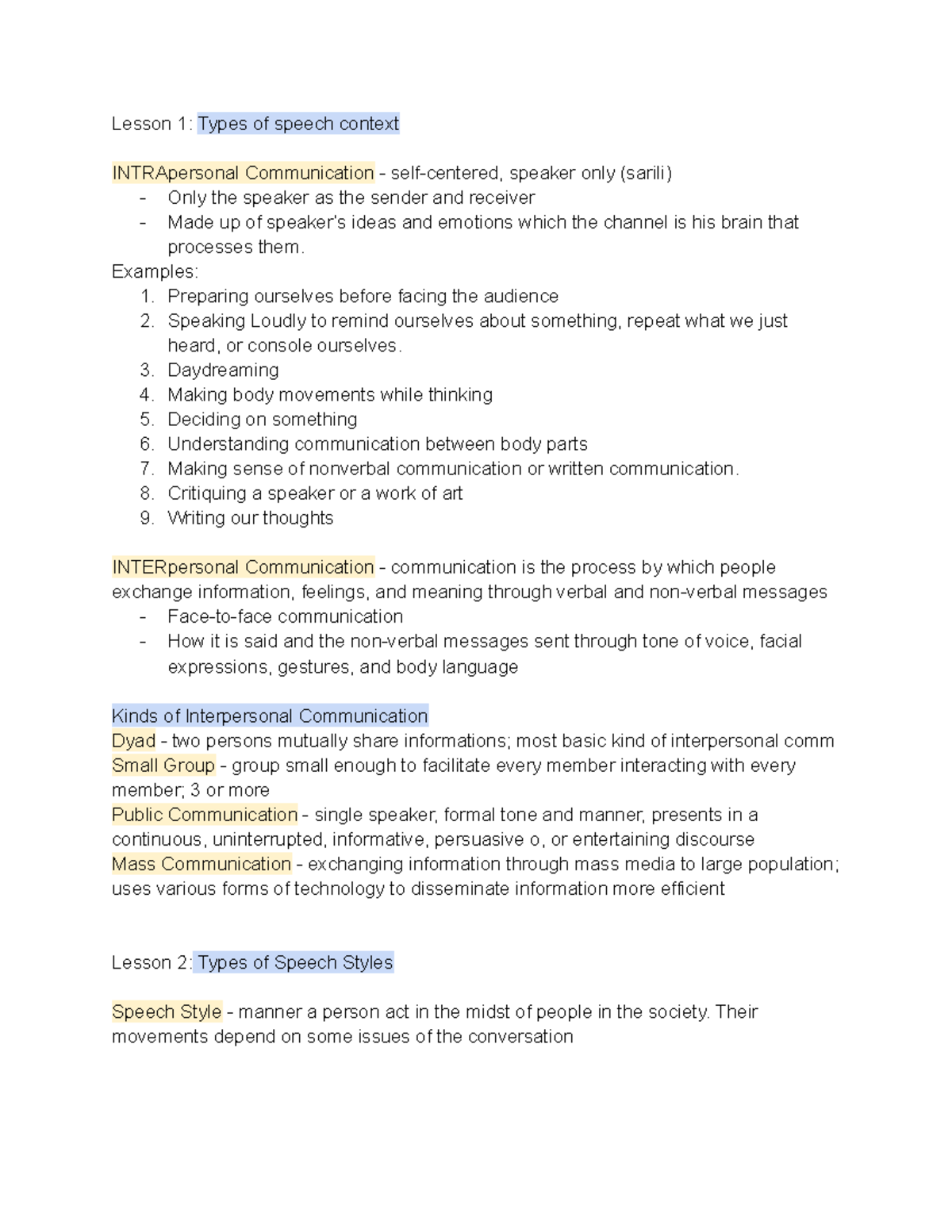 Oral Com - BFBzdbzdb - Lesson 1: Types of speech context INTRApersonal Communication - - Studocu