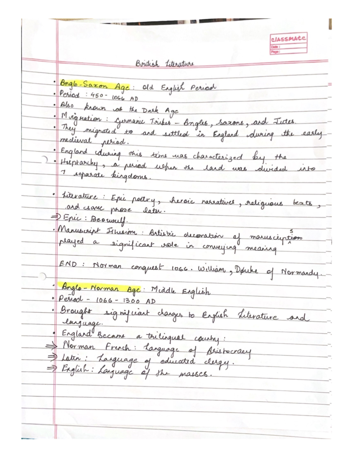 British litrature - Background notes - CLASSMATE Date : Page: British ...