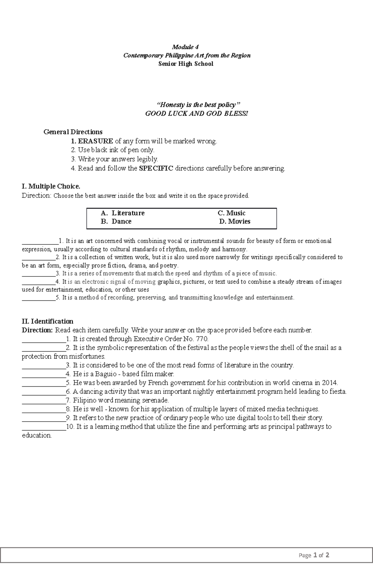Contemporary Philippine ARTS Module 4 - Page 1 of 2 Module 4 ...