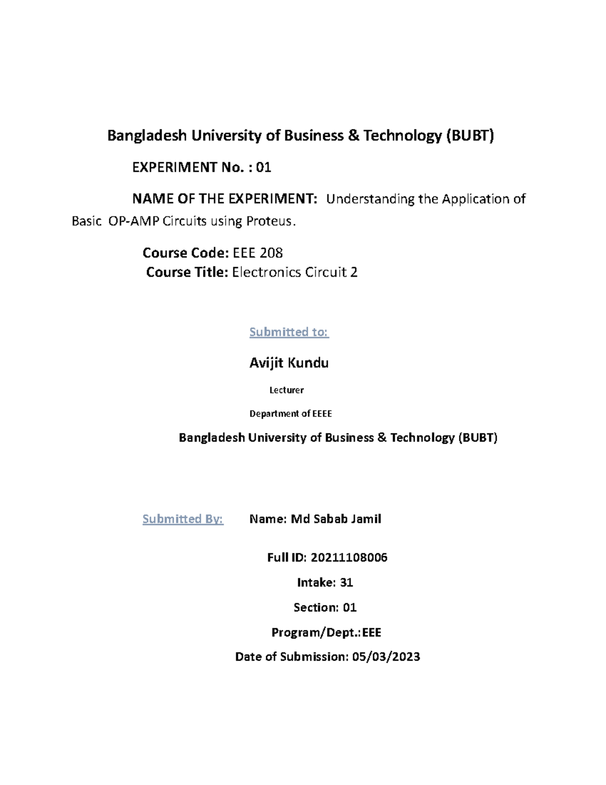 Lab 01 circuit 2 - nice bote - Bangladesh University of Business ...