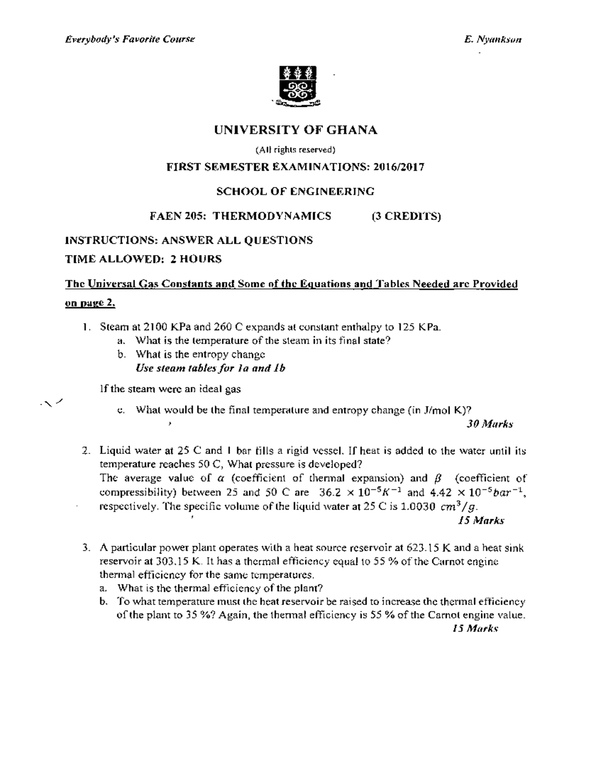 Past question 3 - Everybody's Favorite Course UNIVERSITY OF GHANA (All ...