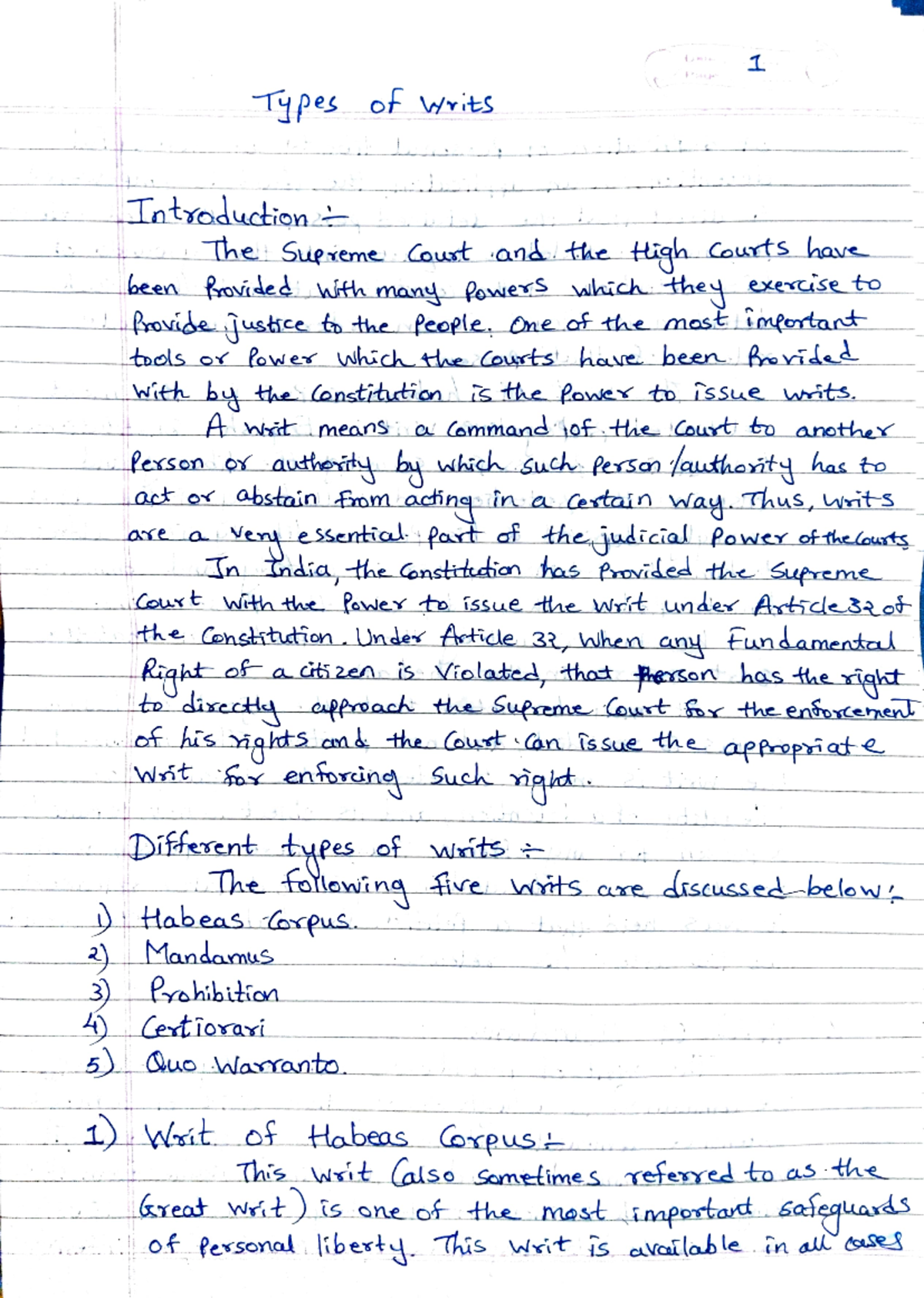 Administrative law Assignment 1- Types of writs- Soham Upadhyay-105 ...
