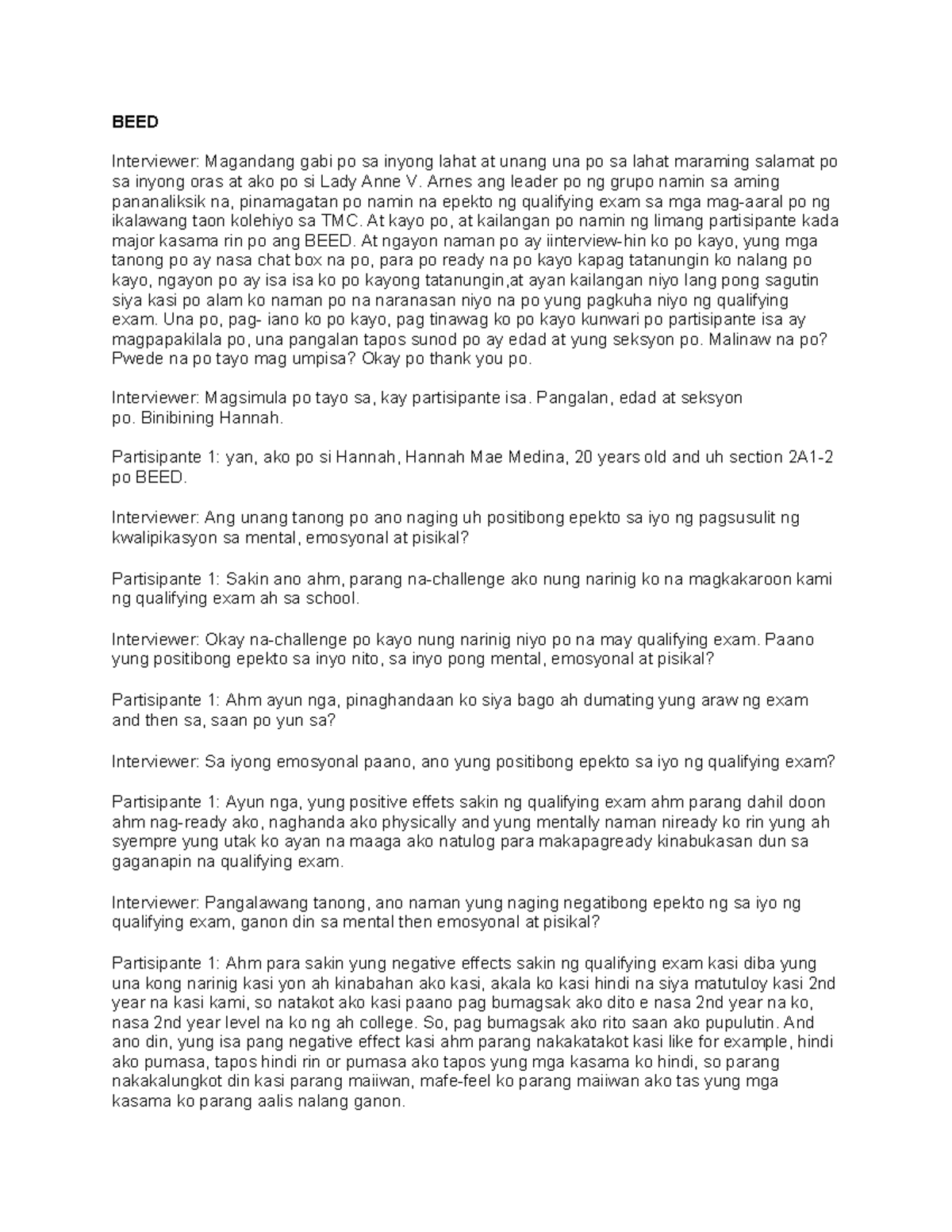 BEED - To know BEED experience - BEED Interviewer: Magandang gabi po sa ...