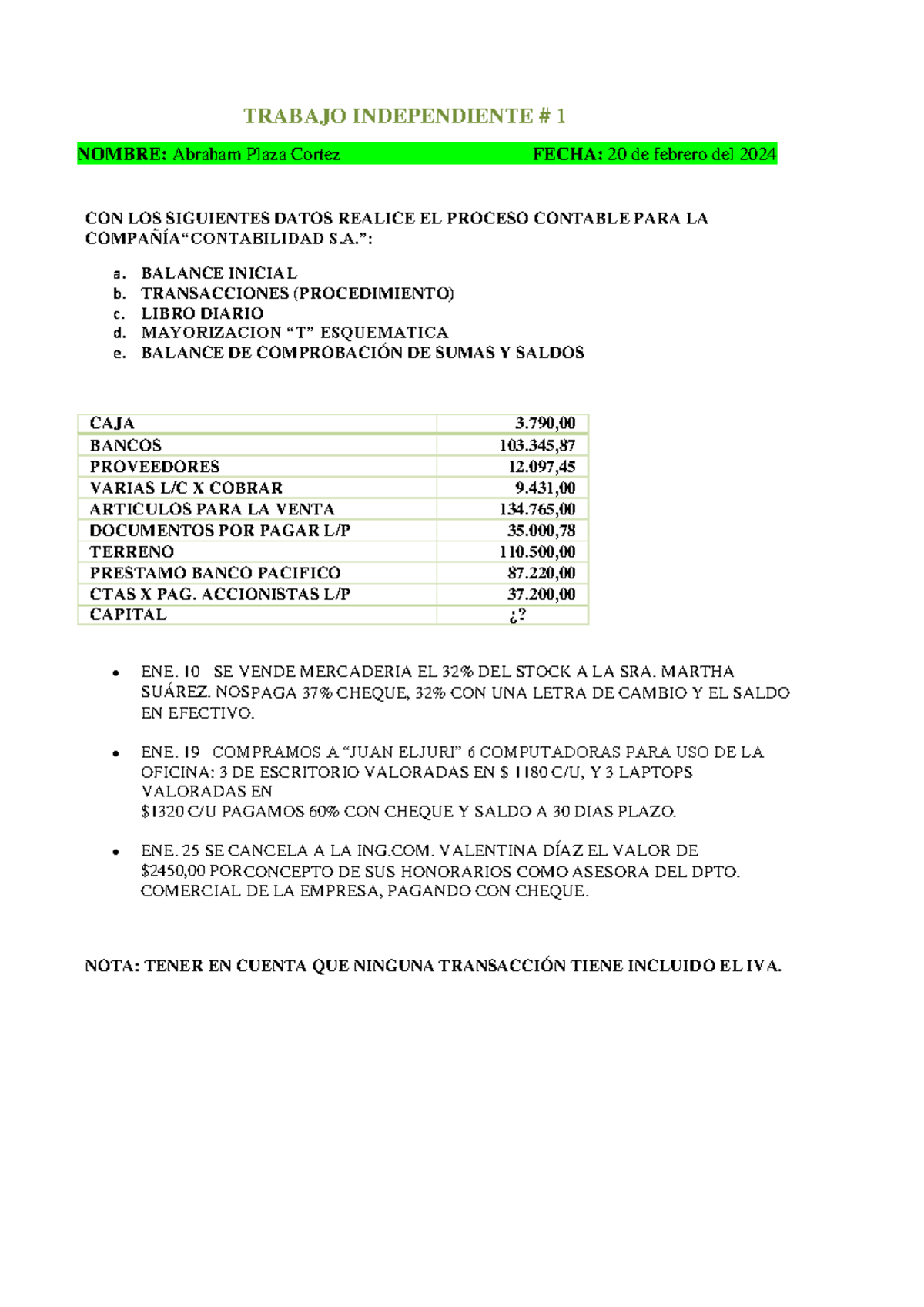 Trabajo Independiente - TRABAJO INDEPENDIENTE # 1 ####### NOMBRE ...