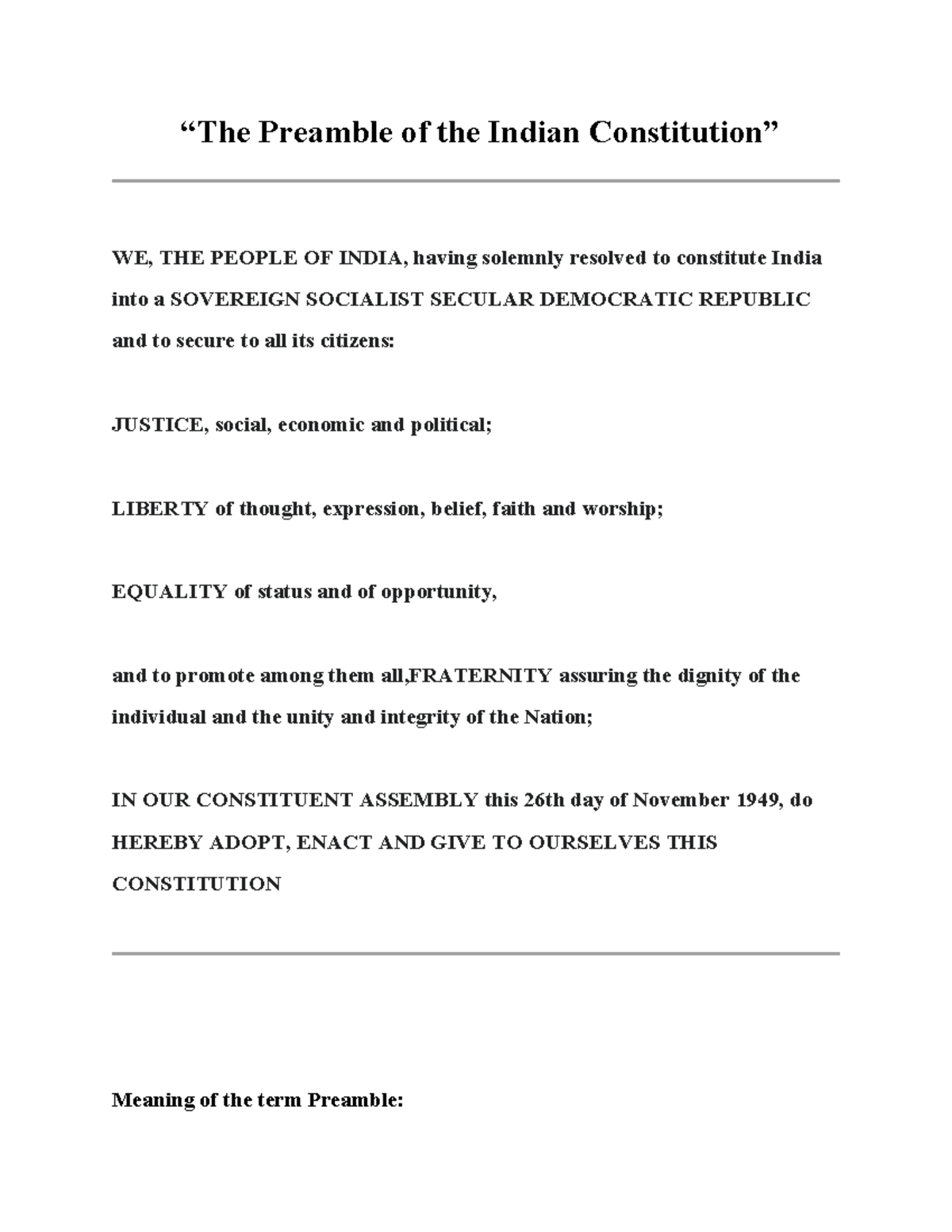 “The Preamble of the Indian Constitution” - It highlights the core ...