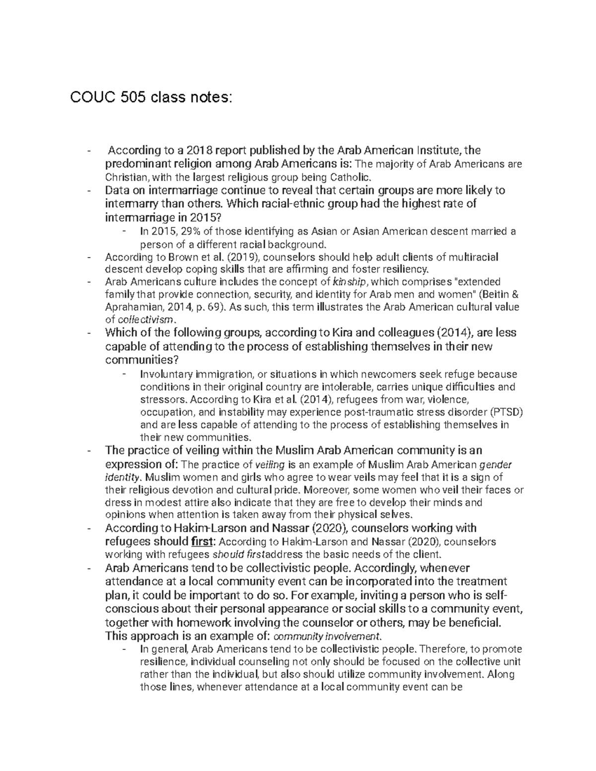 COUC 501 Ethics class notes -5 - COUC 505 class notes: - According to a ...