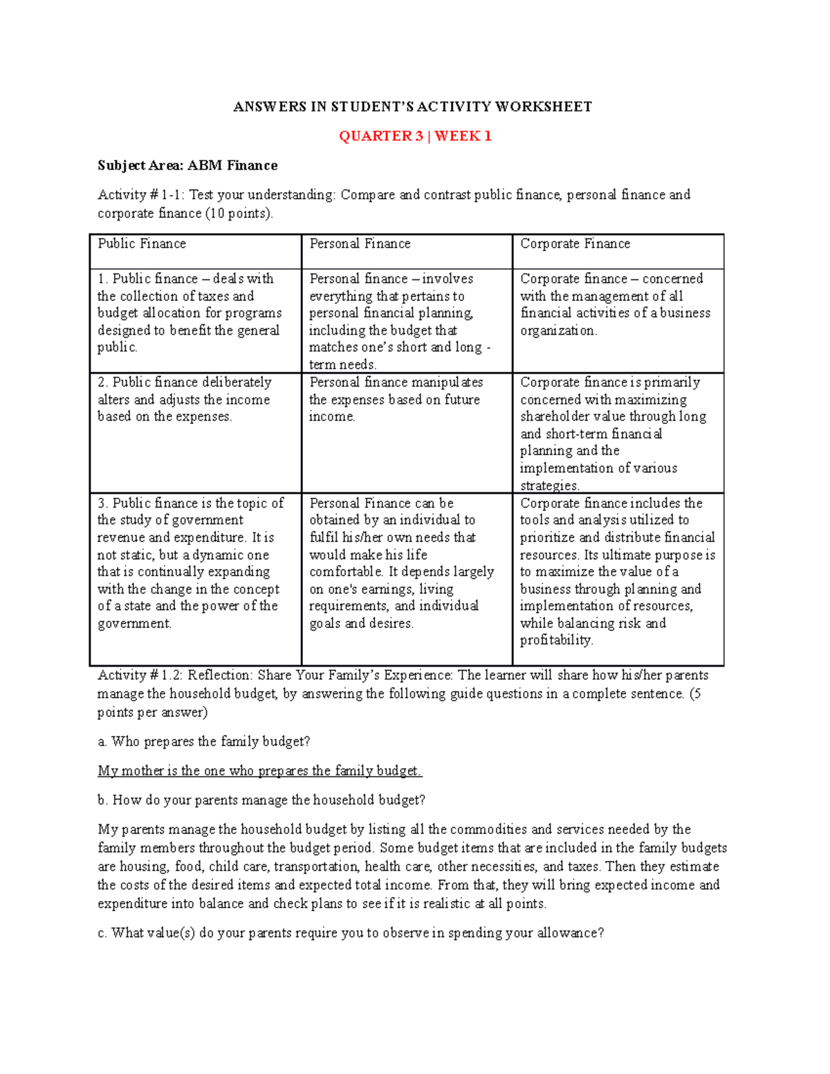 ABM Finance Week 1 2 - ANSWERS IN STUDENT’S ACTIVITY WORKSHEET QUARTER ...