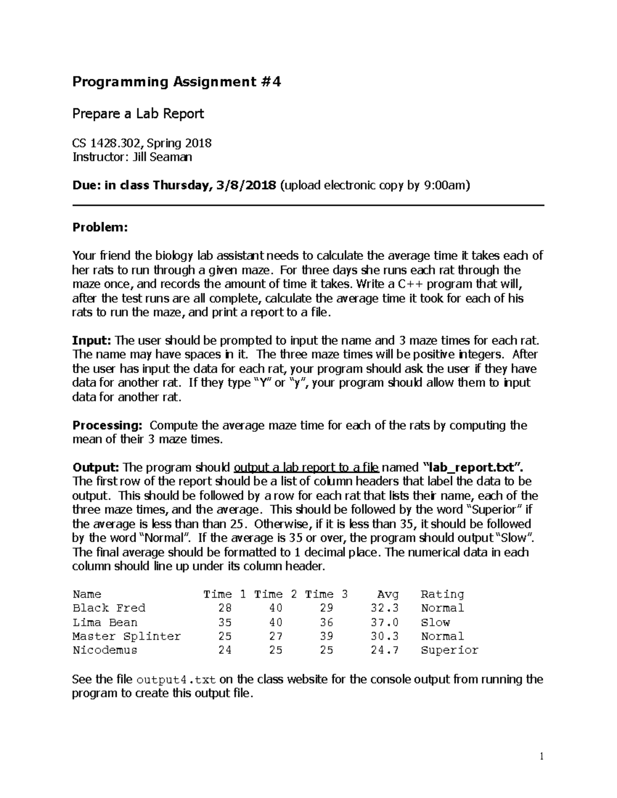 Assignment 4 - CS 1428 - Programming Assignment Prepare a Lab Report CS 1428, Spring 2018 - Studocu