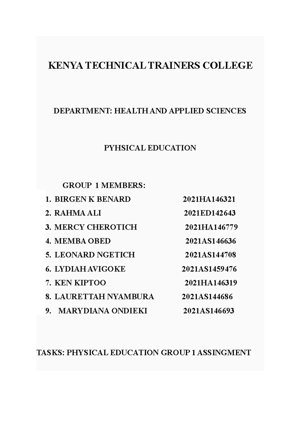 P.E Group 1 Assingment - KENYA TECHNICAL TRAINERS COLLEGE DEPARTMENT ...