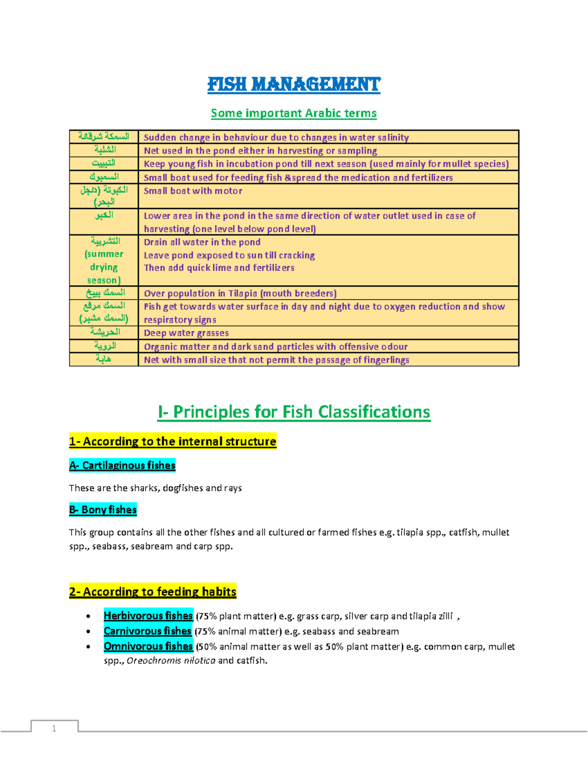 Fish 1st lecture online - Fish management Some important Arabic terms ...