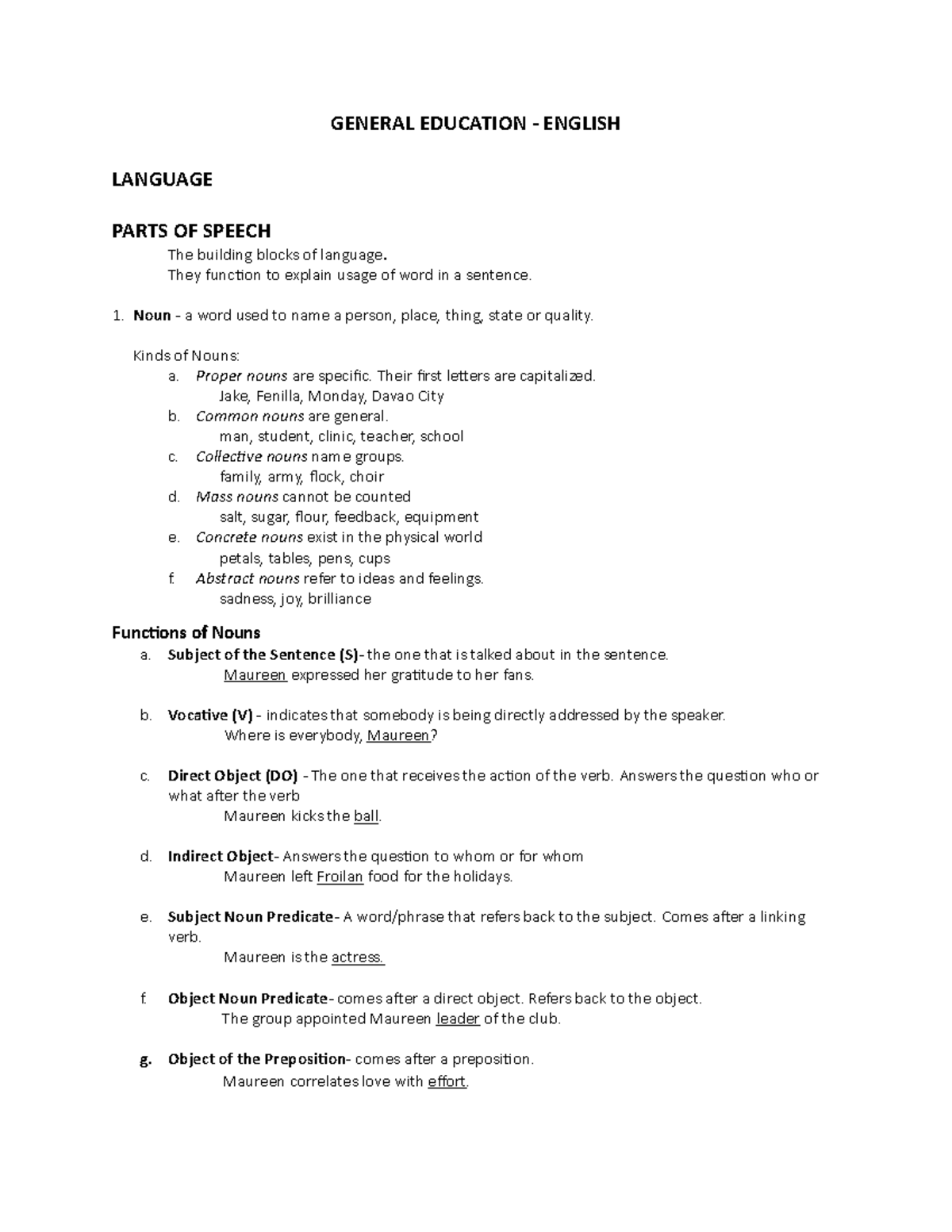 Gened- English- Handout - GENERAL EDUCATION - ENGLISH LANGUAGE PARTS OF ...