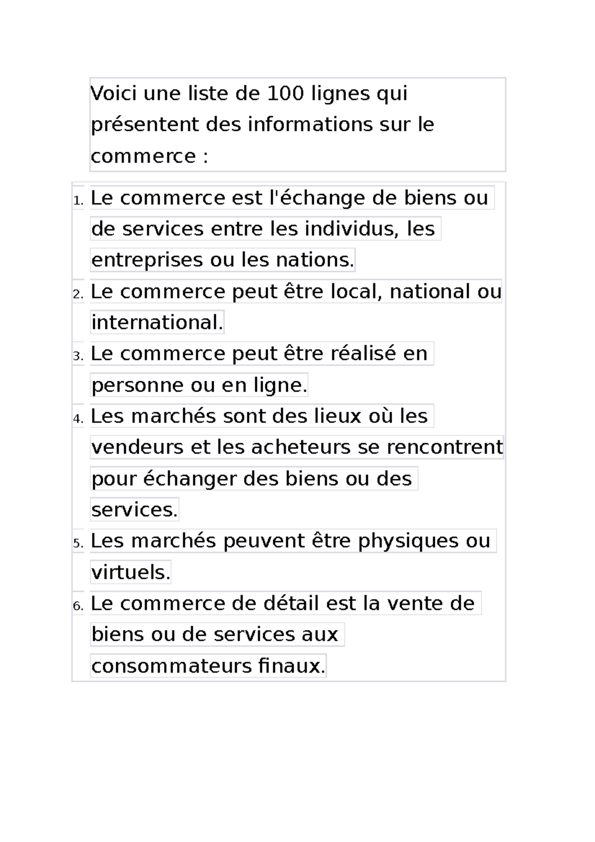 Commerce - Voici une liste de 100 lignes qui présentent des ...
