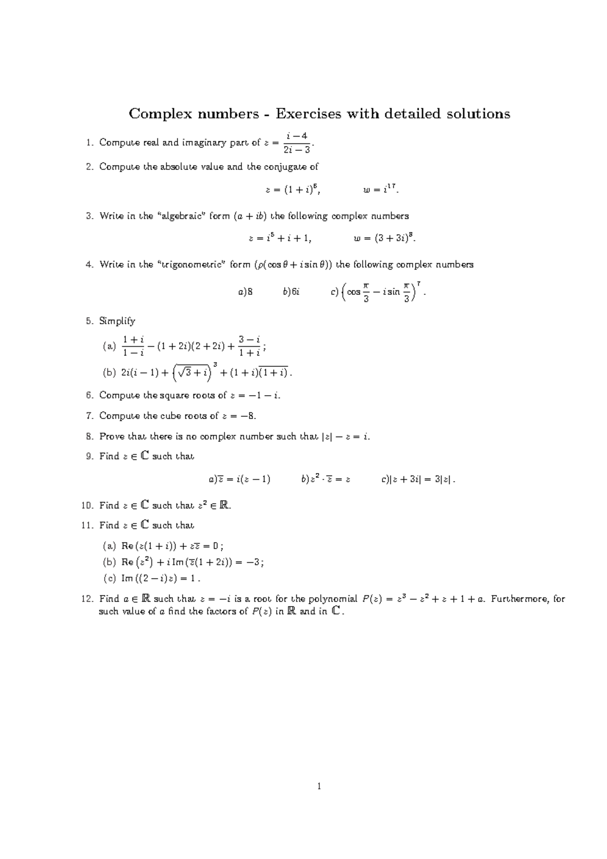 Complex numbers exercises - Complex numbers - Exercises with detailed ...