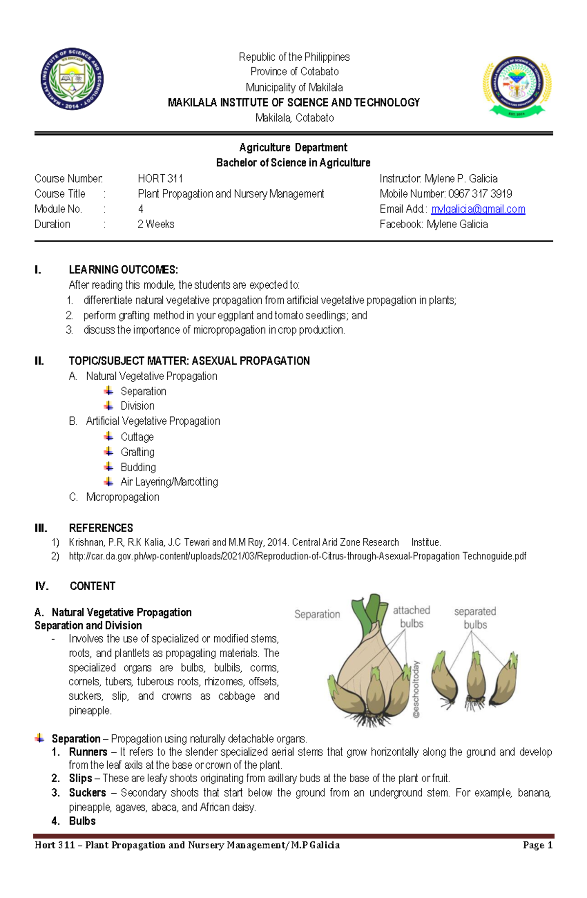 Galicia HORT 311 MO3 - Republic of the Philippines Province of Cotabato Municipality of Makilala ...