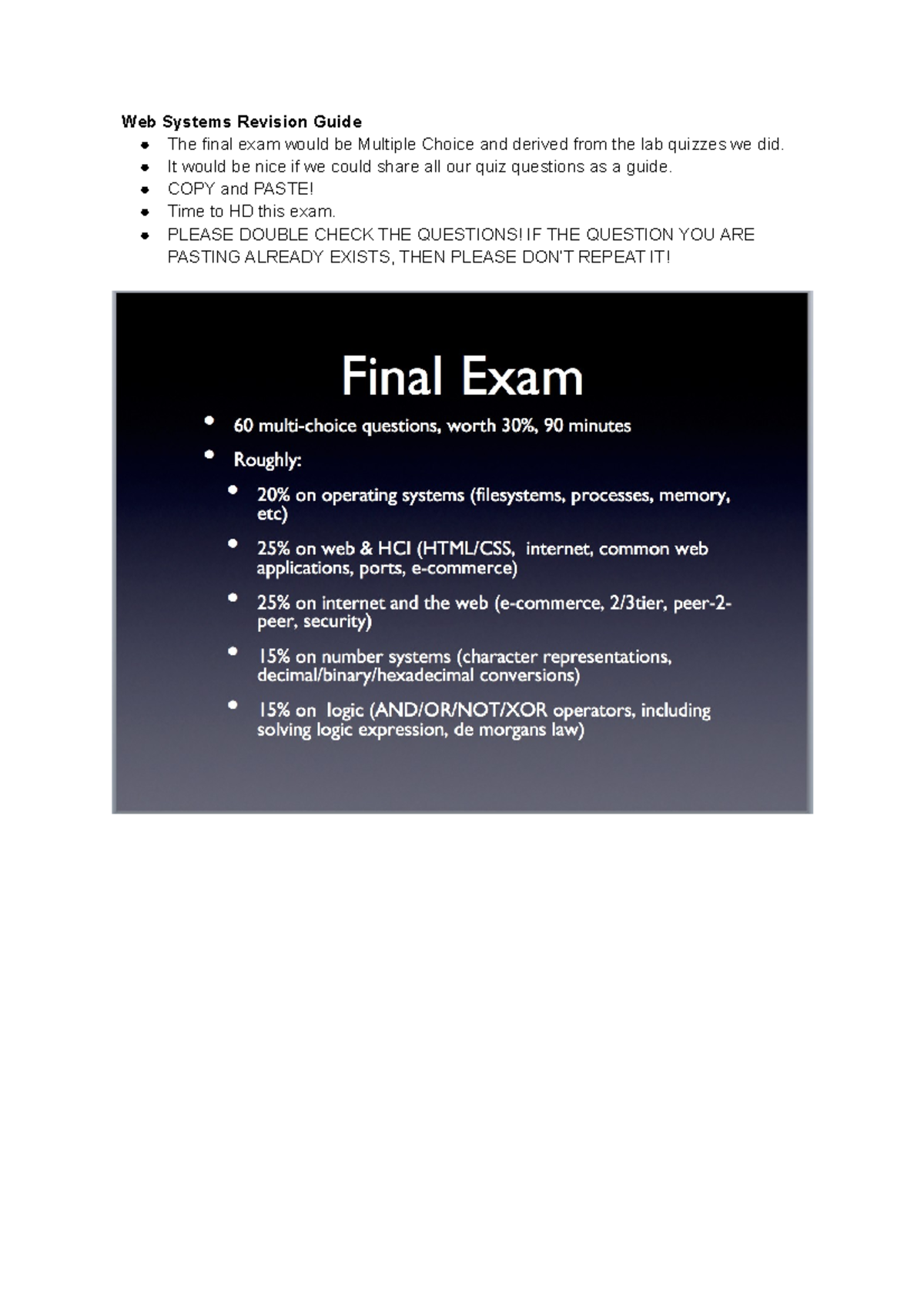 Exam Questions And Answers Web Systems Revision Guide The Final Exam Would Be Multiple Choice