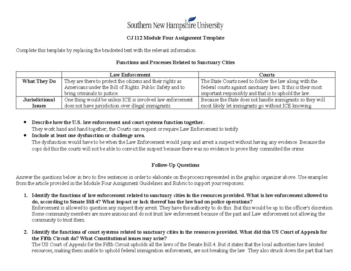 CJ 112 Module Four Assignment - Functions and Processes Related to ...