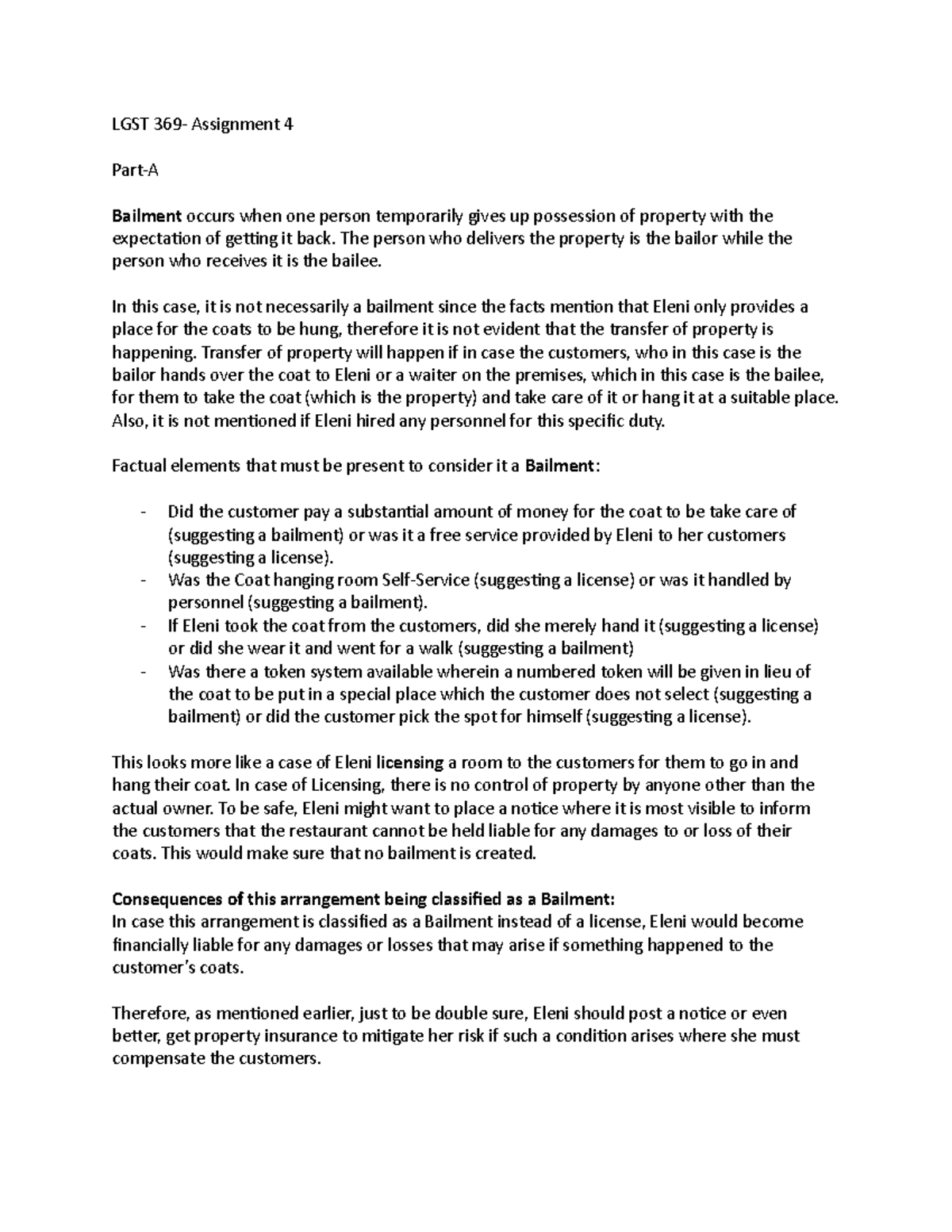 LGST 369 Assignment 4 - LGST 369- Assignment 4 Part-A Bailment occurs ...