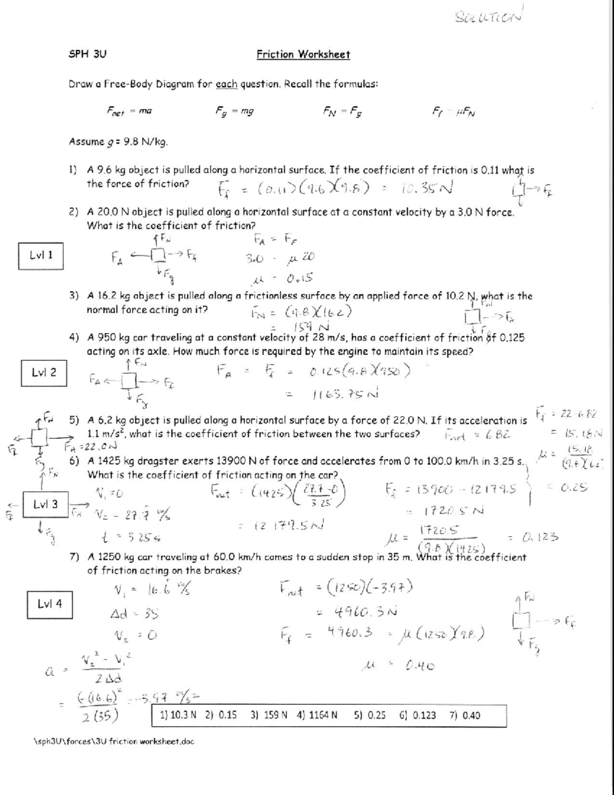 Friction worksheet answers f13 - SOLUTION SPH 3U Friction Worksheet ...
