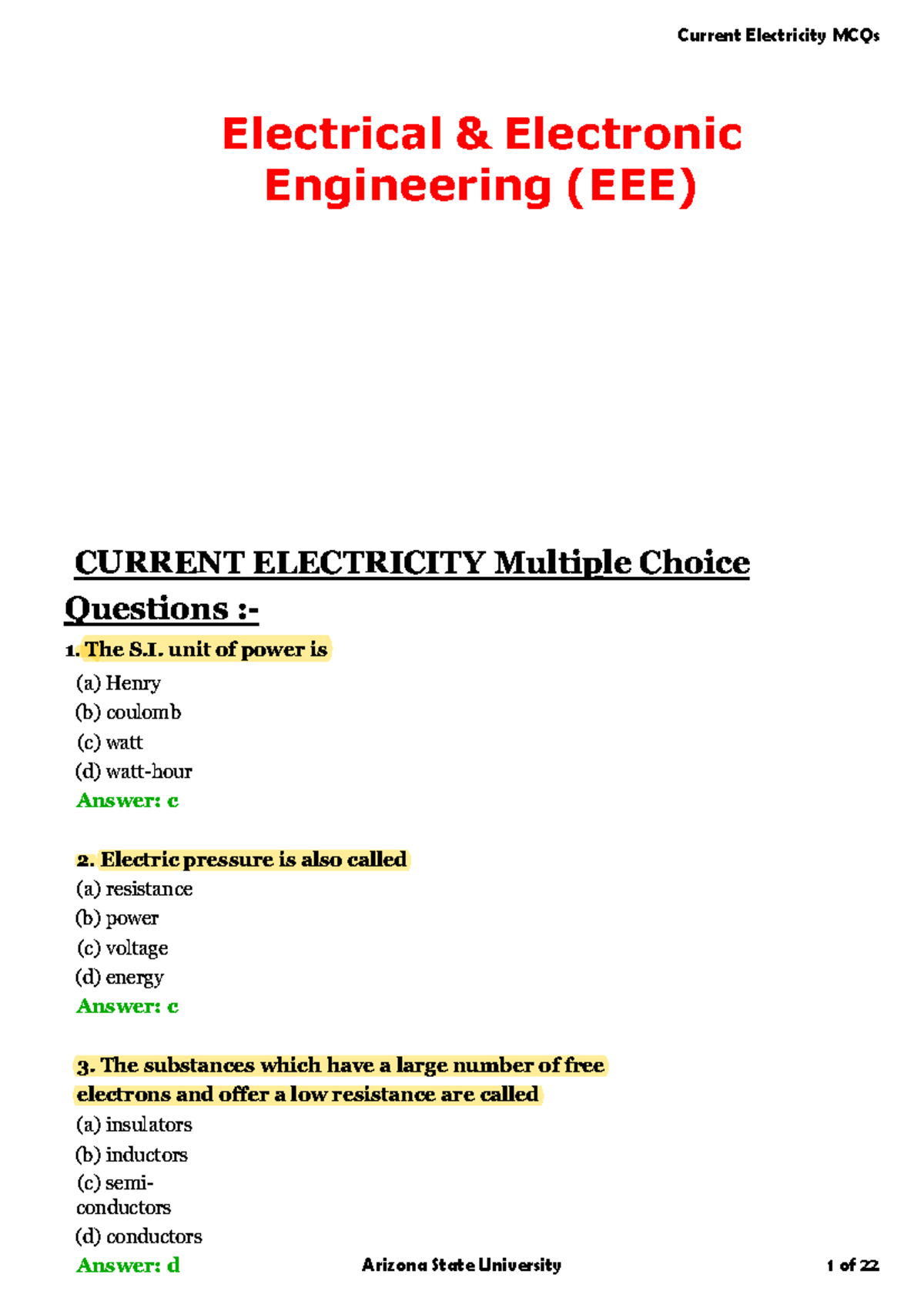 Electrical And Electronics Engineering (EEE) Current Electricity MCQs ...