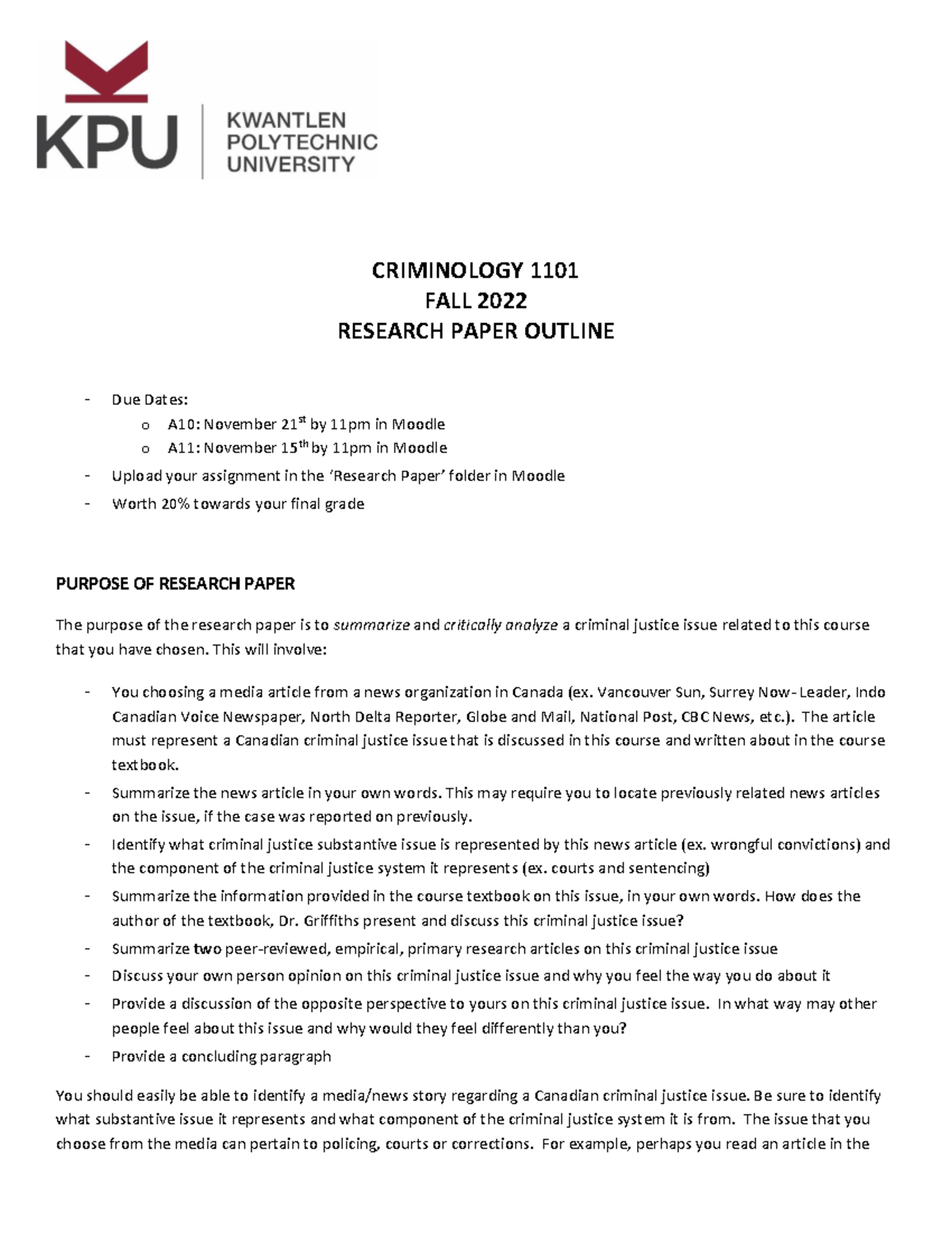 Research Paper Outline part 2 - CRIMINOLOGY 1101 FALL 2022 RESEARCH ...