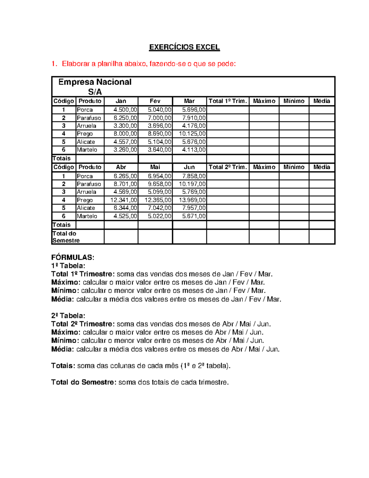 Exercicio 1 Excel - sdfsdvvvvvvvv - EXERCÍCIOS EXCEL 1. Elaborar a planilha abaixo, fazendo-se o ...