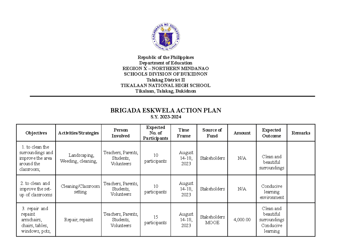 Action Plan in Brigada Eskwela - Republic of the Philippines Department ...
