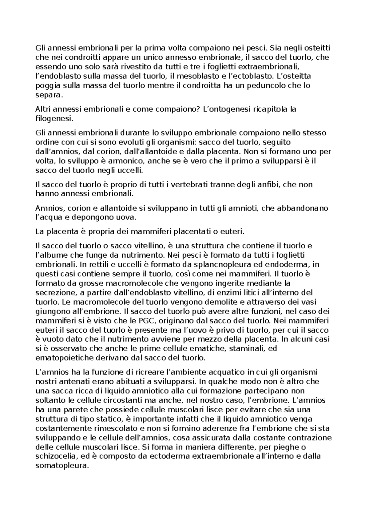8.annessi embrionali - Sia negli osteitti che nei condroitti appare un ...