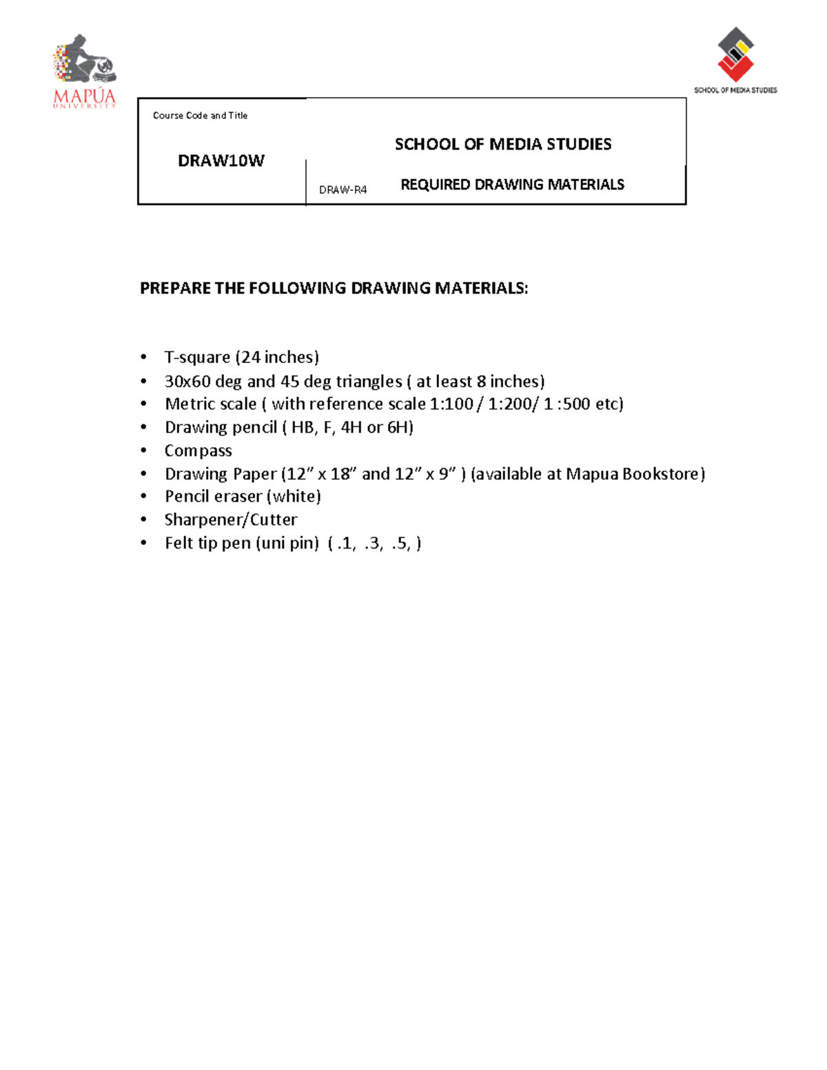 DRAW10W Required Drawing Materials - PREPARE THE FOLLOWING DRAWING ...