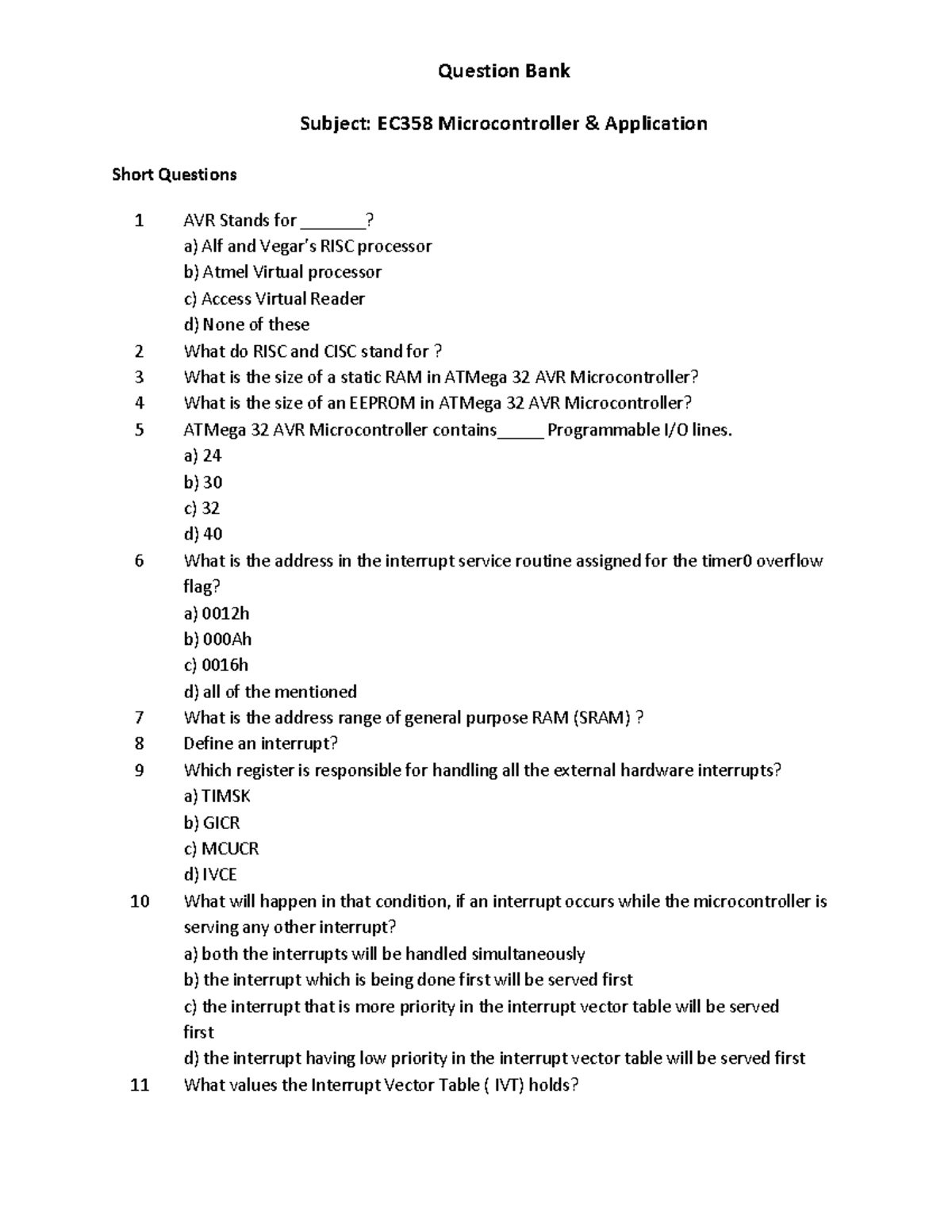 Question Bank - various types of assignment is given. - Question Bank Subject: EC358 ...