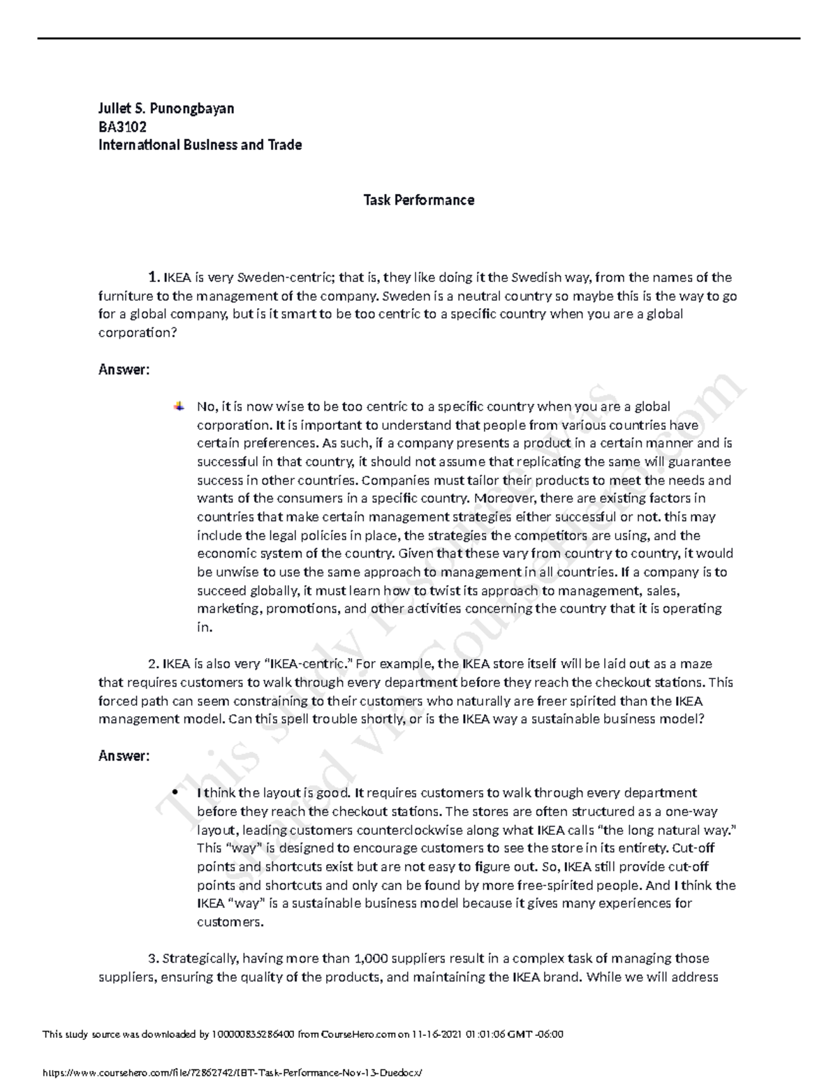 IBT Task Performance Nov 13 Due - Business Administration - Studocu