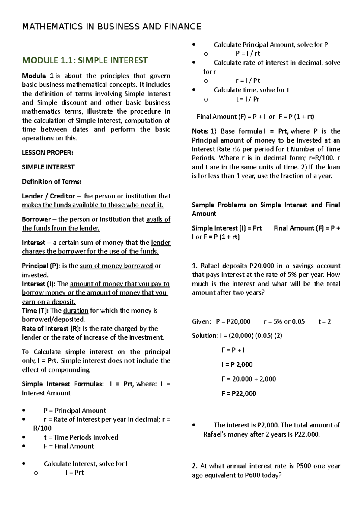 Mathbusfin Lecture - MODULE 1: SIMPLE INTEREST Module 1 is about the ...