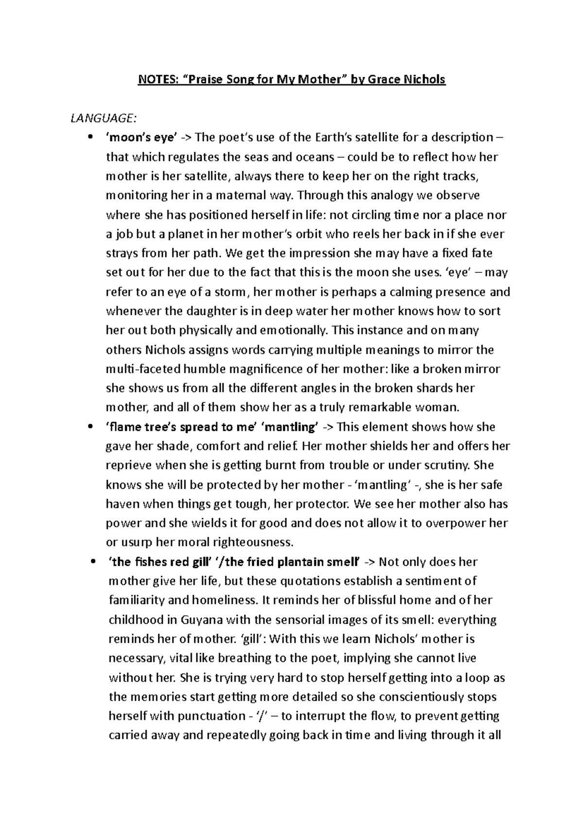 Notes on 'Praise Song For My Mother' - NOTES: “Praise Song for My ...