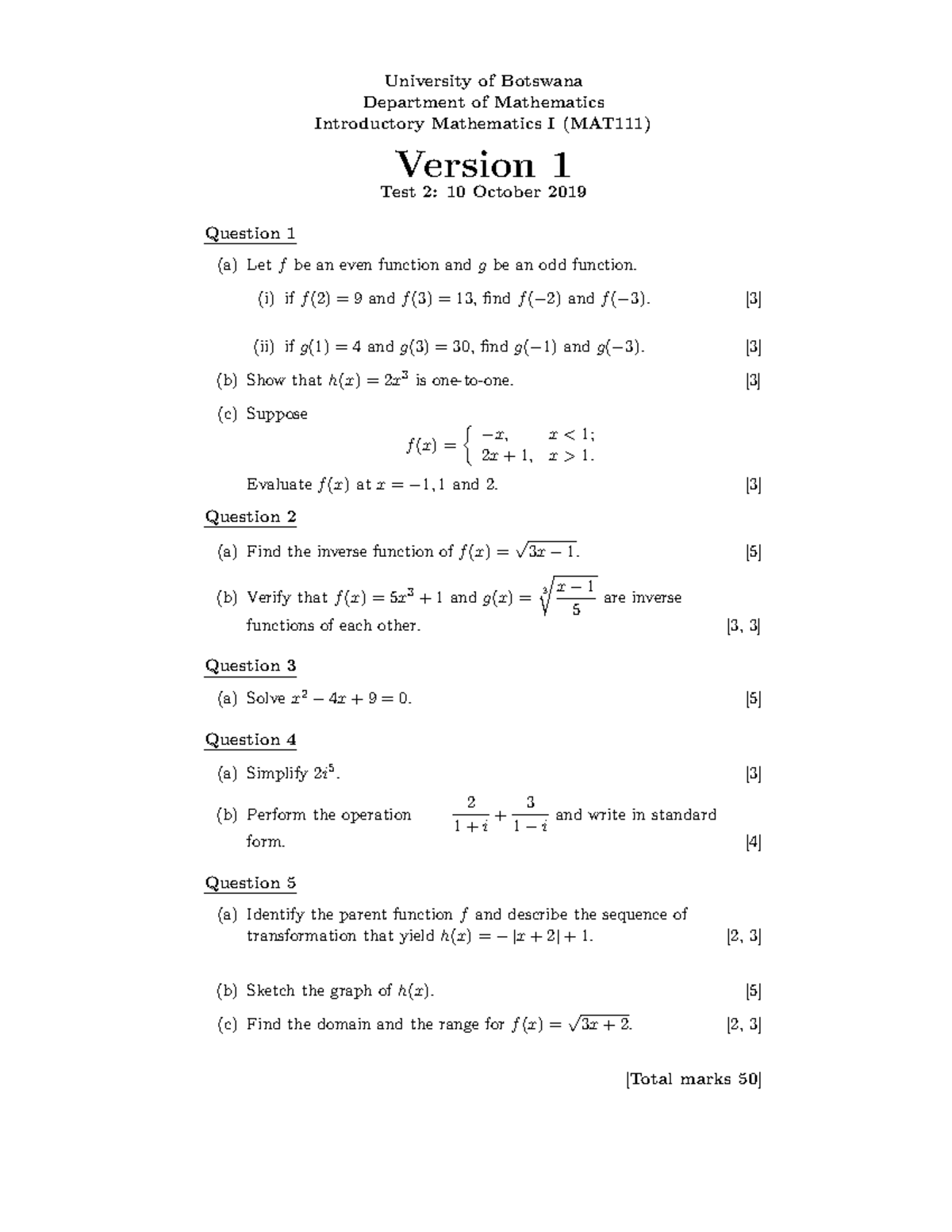 TEST 2 Solutions - Revise - University of Botswana Department of ...