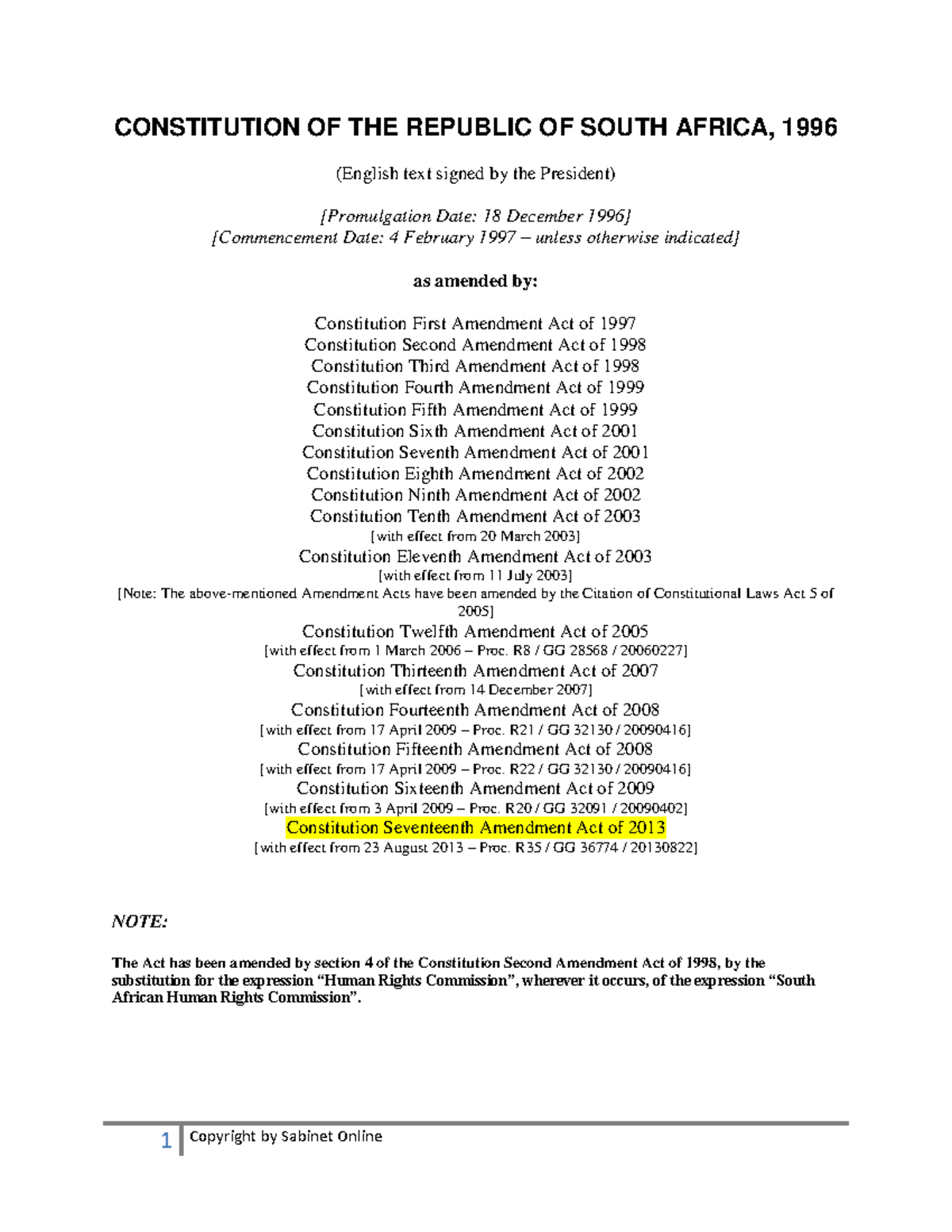 Constitution OF SA1996 Amended - CONSTITUTION OF THE REPUBLIC OF SOUTH AFRICA, 1996 (English ...