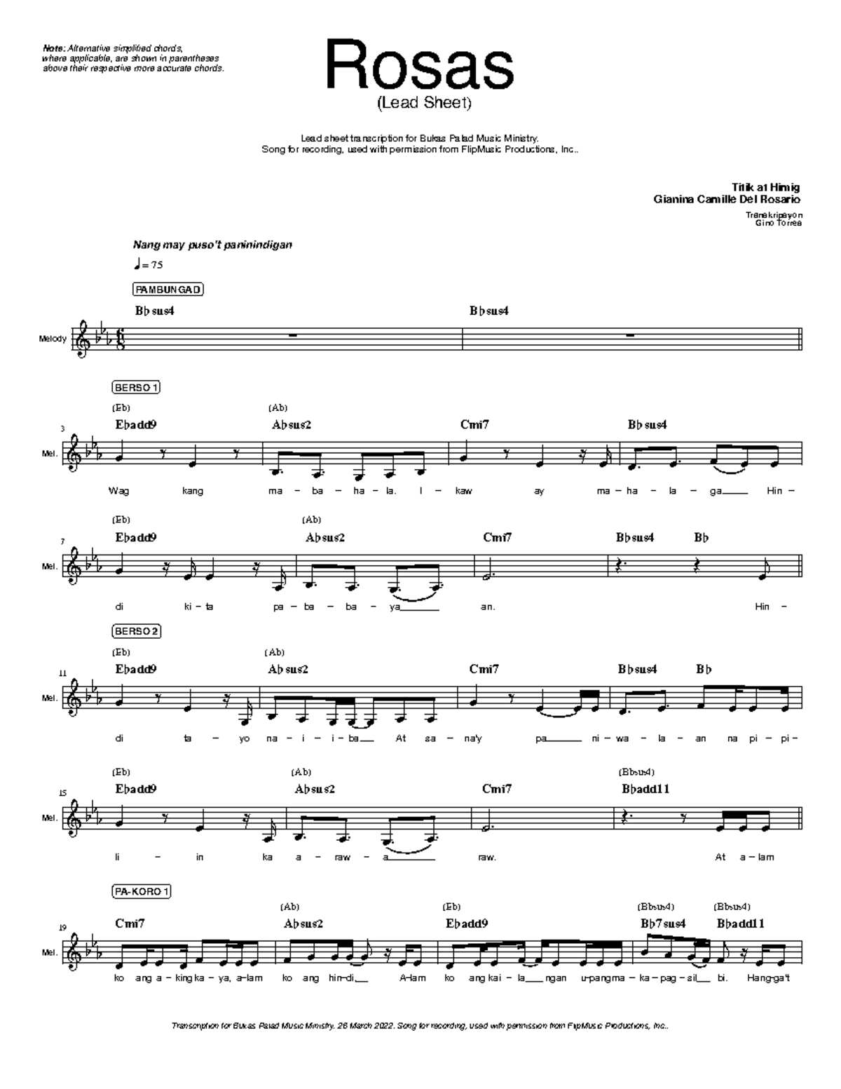 Rosas sheet music - Transkripsyon Gino Torres ####### Titik at Himig ...