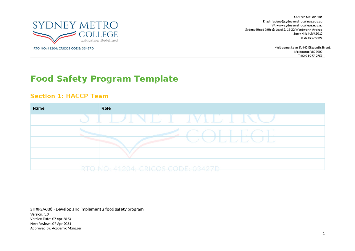 Sitxfsa 008 Food Safety Program Template - E: admissions ...