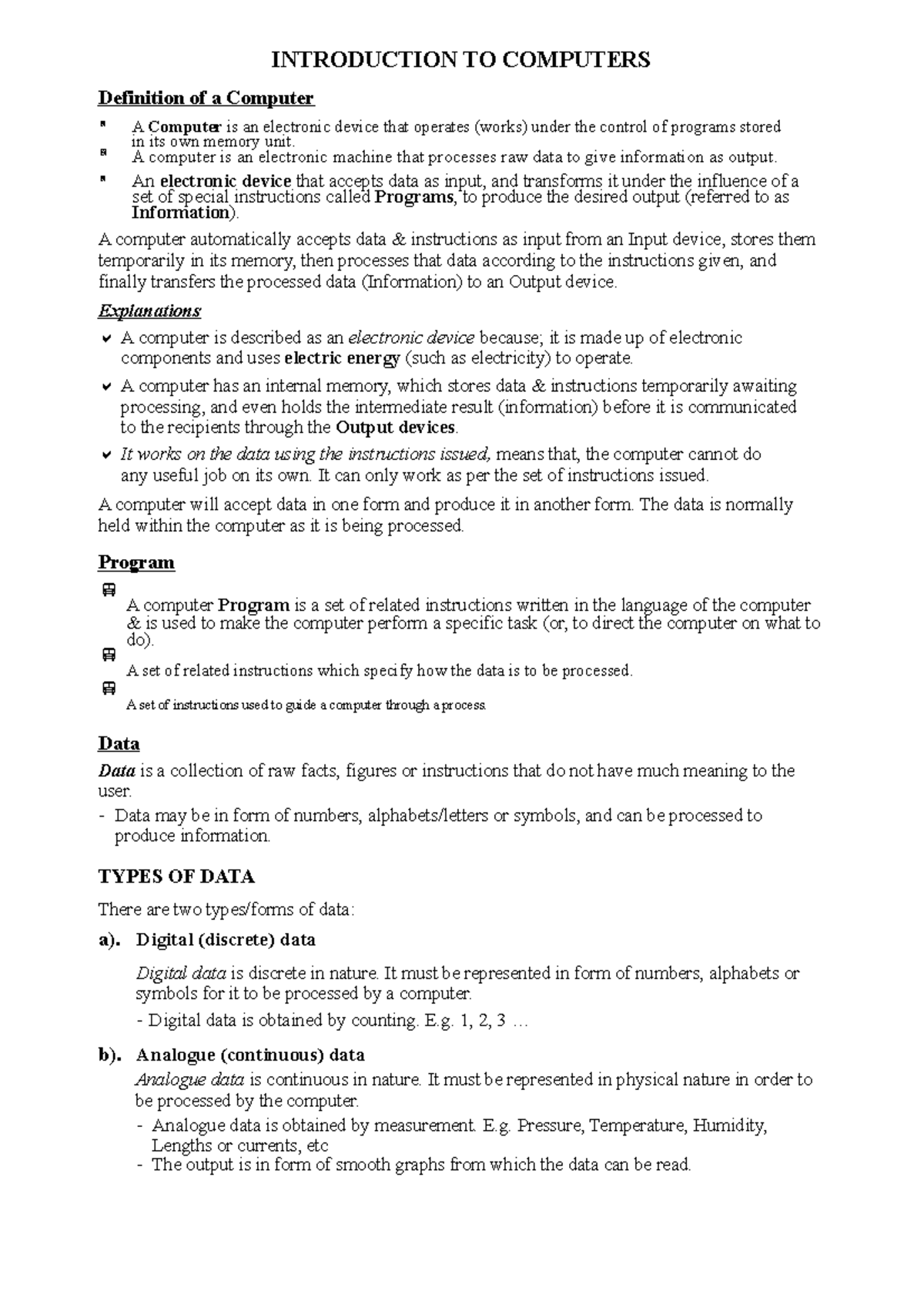 Topic 1 Intro TO ICT - learn more - INTRODUCTION TO COMPUTERS Definition of a Computer A ...